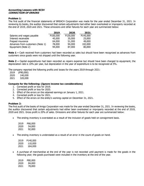 7 Correction Of Errors Auditing Accounting Lessons With Bcsv Correction Of Errors Problem 1