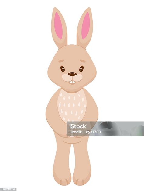 큰 눈과 분홍색 귀를 가진 귀여운 만화 토끼가 똑바로 서 있습니다 어린이 책 일러스트레이션 또는 친근한 토끼가 필요한 모든 프로젝트에 적합합니다 벡터 일러스트 레이 션 0