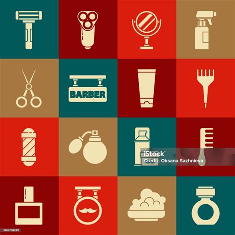 애프터 쉐이브 헤어 브러시 라운드 메이크업 거울 이발소 가위 미용사 면도 면도기 및 크림 로션 화장품 튜브 아이콘을 설정합니다 벡터 가위에 대한 스톡 벡터 아트 및 기타