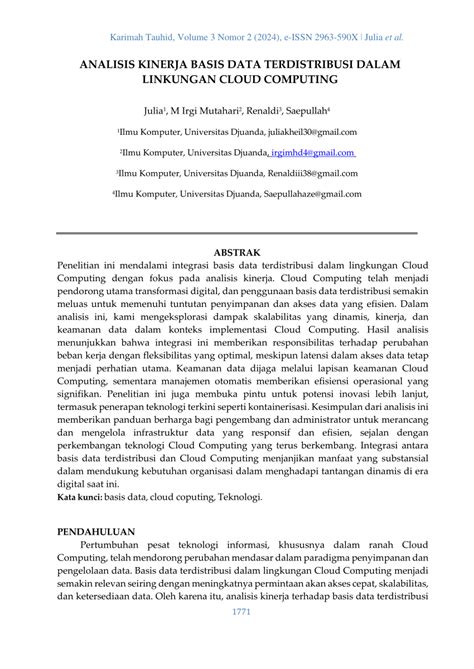 Pdf Analisis Kinerja Basis Data Terdistribusi Dalam Linkungan Cloud Computing