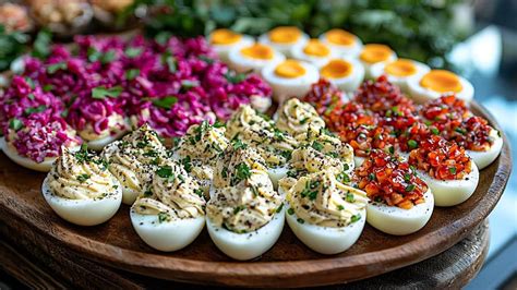 Delicious Deviled Eggs Platter With Various Toppings Close Up