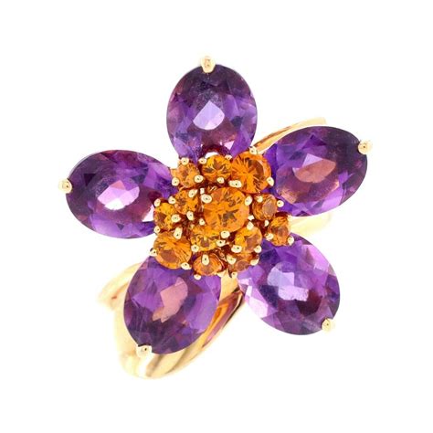 Van Cleef And Arpels Hawaii Flower Ring 18k Yellow Gold With Amethyst And Orange Sapphires Auction