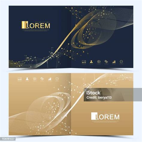 현대 벡터 평방 브로셔 전단지 전단지 커버 카탈로그 잡지 또는 연례 보고서에 대 한 템플릿 사업 과학 및 기술 설계 레이아웃 프레 젠 테이 션 황금 파도 선 및 점 0명에