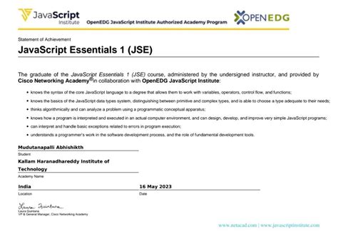 Very Happy To Share My Javascript Essentials Certificate 😍 Mudutanapalli Abhishikth