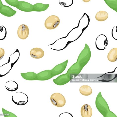 흰색 배경에 분리 된 대두 원활한 패턴 만화 플랫 스타일과 흑백 윤곽선콩과 포드의 벡터 색상 그림 대두 콩에 대한 스톡 벡터