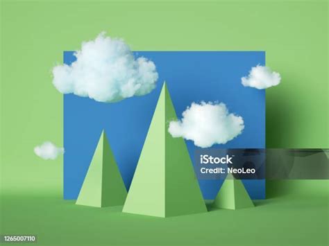 3d 렌더링 추상적 기하학적 풍경 간단한 만화 녹색 피라미드 산과 푸른 하늘에 흰색 구름 종이 공예 장면 3차원 형태에 대한 스톡 사진 및 기타 이미지 Istock