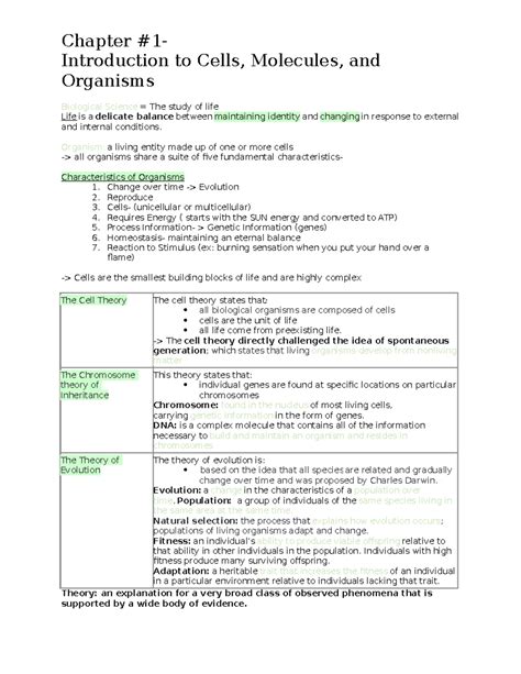 Chapter 1 Notes Chapter 1 Introduction To Cells Molecules And Organisms Biological