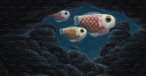 깊은 물속에는 작은 물고기가 있는 거대한 해파리 판타지 일러스트레이션 초현실적인 그림 예술 모험 대조 사진 Unsplash의 동굴 이미지