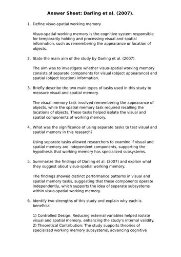 Darling Et Al 2007 Visuo Spatial Working Memory Teaching Resources