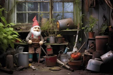 Premium Ai Image Gnome With Missing Arm Near Garden Tools Created