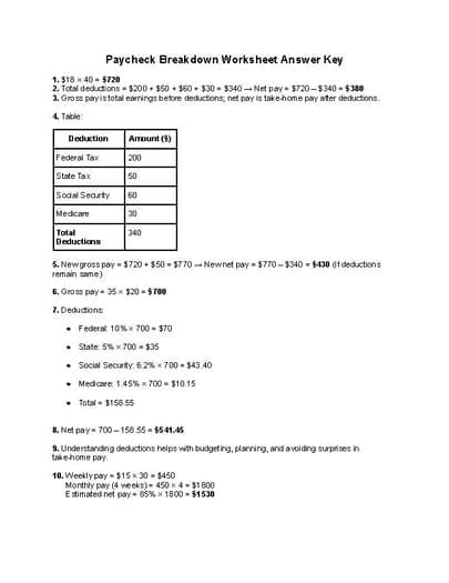Worksheet Paycheck Breakdown By Starpath Education Llc Tpt