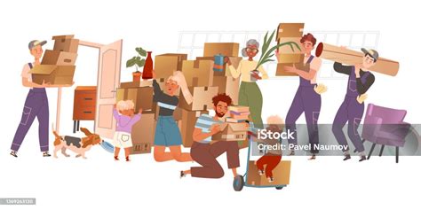 새 아파트로 이사하는 가족 가족 물건 만화 벡터 일러스트와 골판지 상자를 들고 가족과 이주 배달에 대한 스톡 벡터 아트 및 기타 이미지 Istock