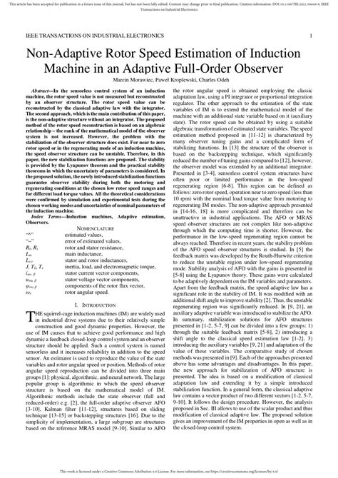 Pdf Non Adaptive Rotor Speed Estimation Of Induction Machine In An Adaptive Full Order Observer