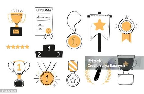 1위 낙서 아이콘입니다 우승자 상 챔피언 컵 손으로 그린 스타일의 리본 승리의 선 그림입니다 메달 및 졸업장 세트 벡터 스케치 스타일의 챔피언 컵 메달에 대한 스톡 벡터