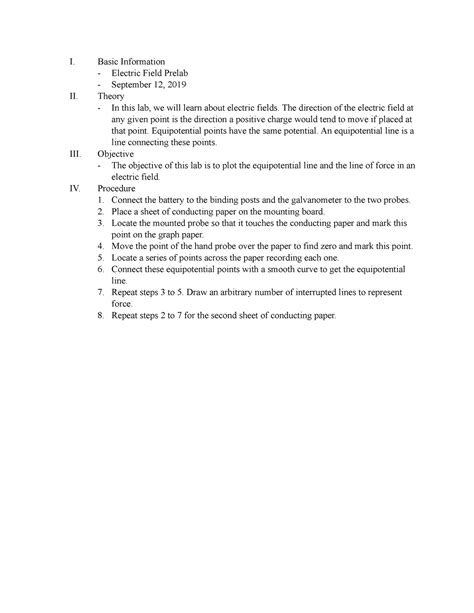 Electric Field Prelab I Basic Information Electric Field Prelab September II