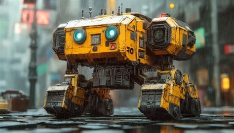 Yellow Robot Walking Down City Street Cyberpunk Cityscape Sci Fi Technology And Innovation