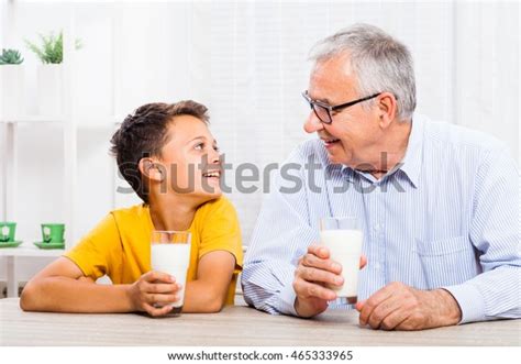 Grandfather Grandson Drinking Milk Home Healthy Stock Photo Shutterstock