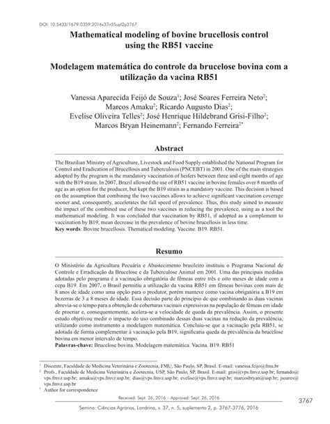 Pdf Mathematical Modeling Of Bovine Brucellosis Control Using The Rb51 Vaccine