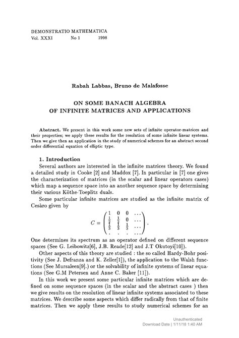 Pdf On Some Banach Algebra Of Infinite Matrices And Applications