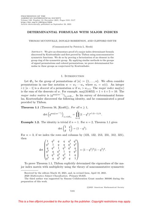 PDF Determinantal Formulas With Major Indices
