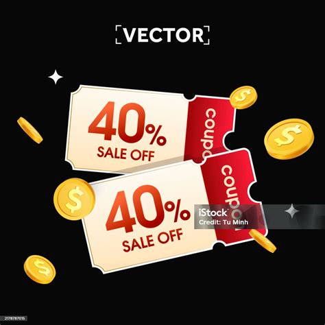 쿠폰 코드 황금 동전이있는 3d 빨간 쿠폰 커플 쿠폰 또는 바우처가 있는 특별 경품 백분율 할인 상품권 팝업 배너 템플릿입니다 3d 벡터 일러스트 레이 션 3차원 형태에