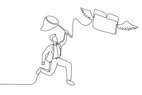 Single Continuous Line Drawing Businessman Try To Catching Flying Folder With Butterfly Net