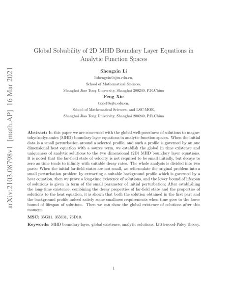 Pdf Global Solvability Of 2d Mhd Boundary Layer Equations In Analytic Function Spaces