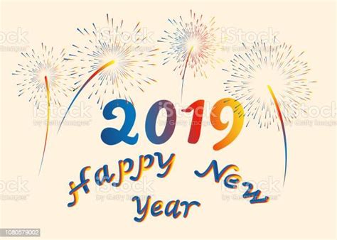 벡터 일러스트 레이 션 행복 한 새 해 글꼴 문자 예술 디자인 2019 화려한 불꽃놀이 3d 글자 스타일 렌더링 거품 폰트입니다 색상 파란색 노란색 빨간색입니다 2019년에