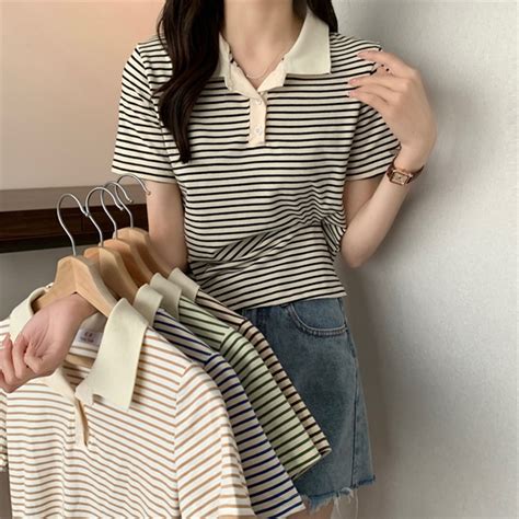 하벨리 카라 버튼 스트라이프 여름 반팔 티셔츠 2g29404