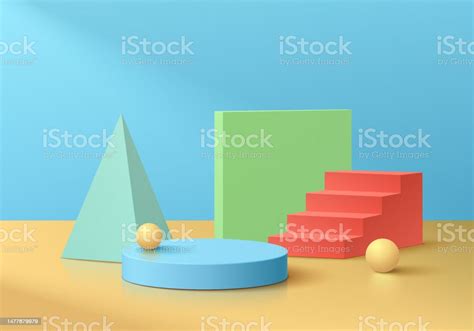 3d 현실적인 파란색 실린더 제품 받침대 연단과 파스텔 다채로운 기하학적 배경 벽 최소 장면 모형 제품 무대 쇼케이스 배너 프로모션 디스플레이 벡터 추상 빈 방입니다 0명에