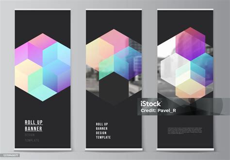 화려한 육각형 기하학적 모양 수직 전단지를위한 기술 배경 플래그 디자인 템플릿 배너 스탠드 광고 디자인 모형과 롤업 모형 디자인