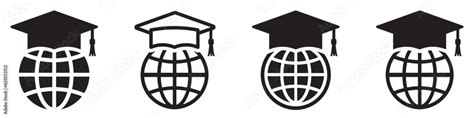 Set Of Icons Graduation Cap And Globe Graduation Hat On Globe Online Education Symbols