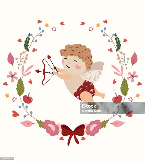 나뭇잎과 꽃이 있는 발렌타인 데이를 위한 화살이 있는 귀여운 큐피드 사랑의 상징으로 재미있는 큐피드 인사말 카드 포스터 배너를위한 세인트 발렌타인 큐피드의 개념 벡터