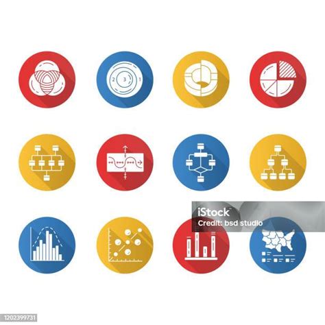 다이어그램 평면 디자인 긴 그림자 문말 아이콘 세트 정보의 개략적 표현 통계 데이터 시각화 과학 컴퓨터 기술 비즈니스 금융 벡터 실루엣 일러스트레이션 개념에 대한 스톡 벡터