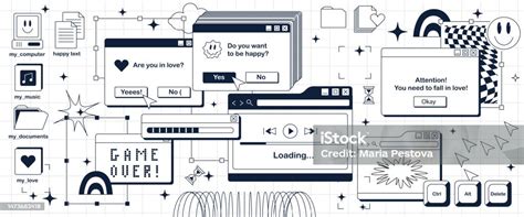 90 년대 2000 년대의 오래된 컴퓨터의 흑백 인터페이스 레트로 데스크탑 Pc 창 및 바탕 화면 아이콘 Brutalism에 대한 스톡 벡터 아트 및 기타 이미지 Istock