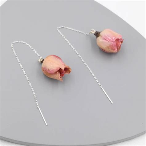 Real Rose Flower Threader Earrings In Sterling Silver By Silver Rain Silver