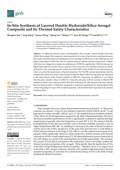 Pdf In Situ Synthesis Of Layered Double Hydroxidesilica Aerogel Composite And Its Thermal