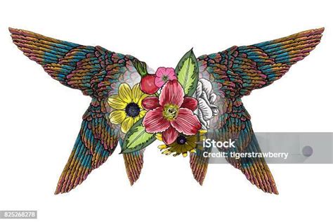 Blackwork 문신 요소 흰색 배경에 고립입니다 문신 플래시 아기 T 셔츠 스티커 스타일입니다 날개 고 피 릴리 장미 여성의 스타일에 그리기 천사 또는 새 꽃 날개