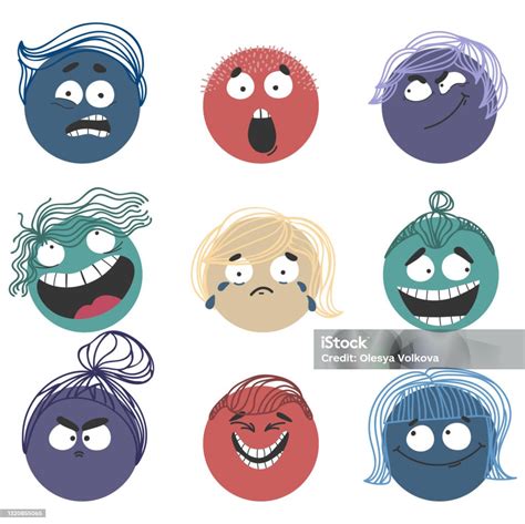 다른 머리카락을 가진 다채로운 캐릭터 세트 다양한 감정과 라운드 만화 얼굴 만화 스타일 플랫 디자인 손으로 그린 트렌디 한 벡터 일러스트 T 셔츠에 대한 스톡 벡터 아트 및