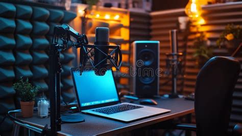 Modern Recording Studio Setup With Microphone Laptop And Ambient Lighting For Music Production