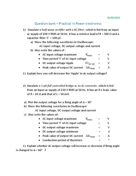 Pe Practical Question Bank 2604 Question Bank Practical In Power Electronics Simulate A