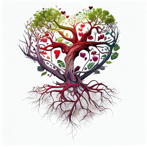 붉은 심장 모양 셀틱 스타일의 화려한 흰색 배경을 만드는 생명나무 뿌리의 생성 Ai 그림 프리미엄 사진