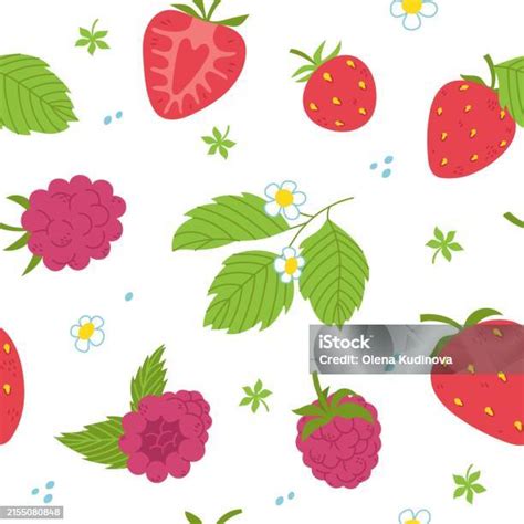 딸기 라즈베리 꽃 나뭇잎이 있는 완벽 한 패턴입니다 열매 자유형 벡터 일러스트 레이 션 라즈베리에 대한 스톡 벡터 아트 및 기타