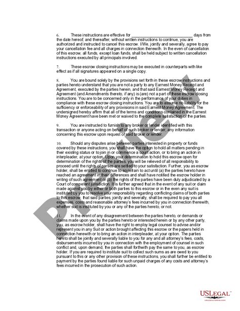 Escrow Closing Instructions Us Legal Forms