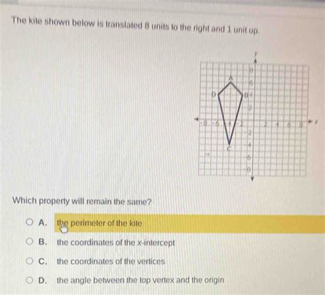 Solved The Kite Shown Below Is Translated 8 Units To The Right And 1 Unit Up X Which Property