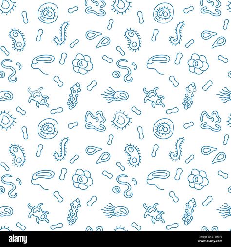 Viruses And Microbes Vector Bioengineering Concept Blue Seamless Pattern In Thin Line Style