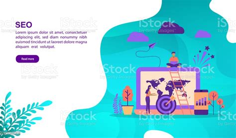 캐릭터와 Seo 일러스트 개념입니다 배너 프레젠테이션 소셜 미디어 포스터 광고 및 프로 모션에 대 한 템플릿 검색 엔진에 대한
