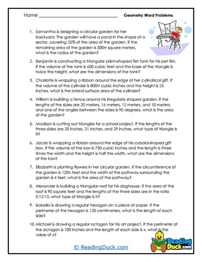 Geometry Word Problem Worksheets Reading Duck Com