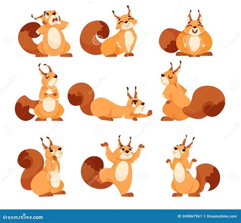 Funny Squirrel With Bushy Tail Expressing Different Emotion Vector Set