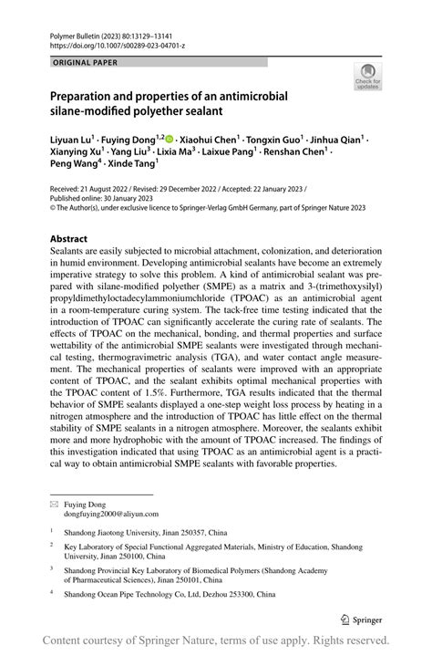 Preparation And Properties Of An Antimicrobial Silane Modified Polyether Sealant Request Pdf